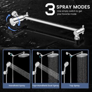 FEELSO 10" High Pressure Shower Head Combo with Handheld Spray, 16 Settings, 11" Adjustable Arm, ON/OFF Pause Switch