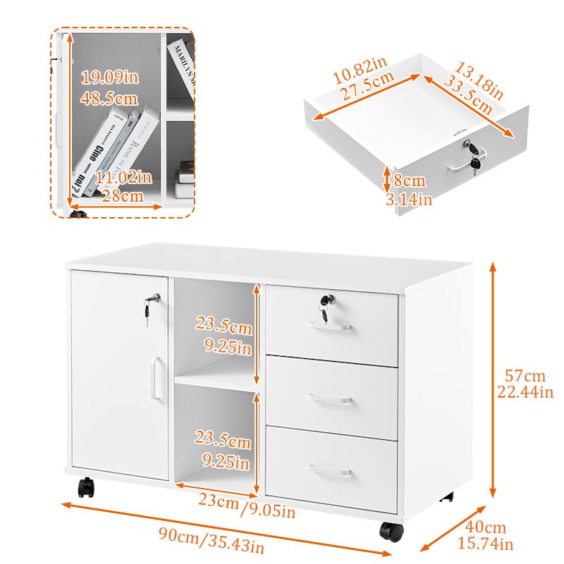 TUKAILAi Mobile File Cabinet with 3 Drawers and 1 Door, Lateral Stationery Letter A4 Size File Organization Unit for Home Office, Printer Stand with Open Storage Shelf and 4 Wheels (White)