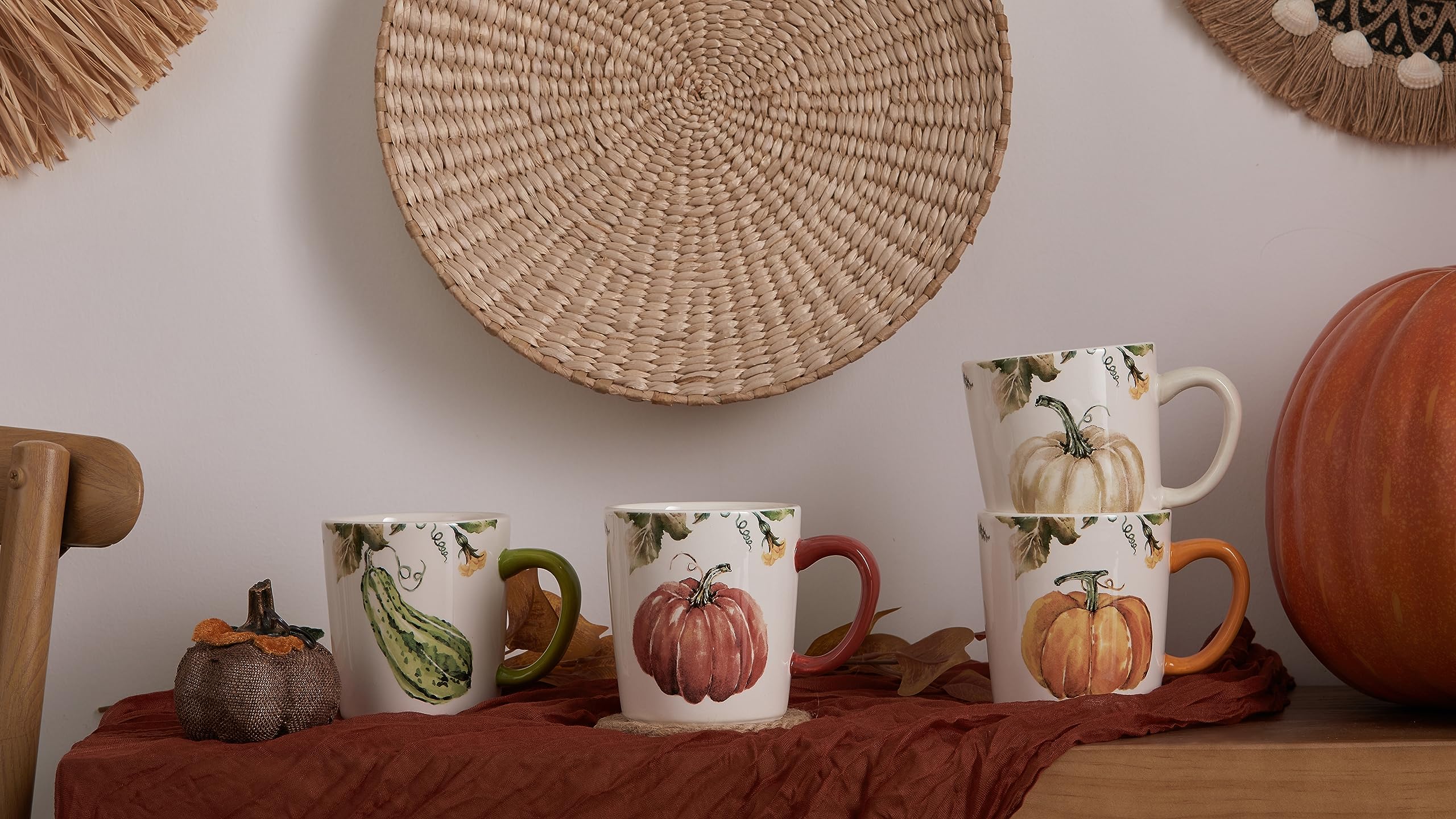 Bico Pumpkin Feast Ceramic Mugs, Set of 4, for Coffee, Tea, Drinks, Microwave & Dishwasher Safe