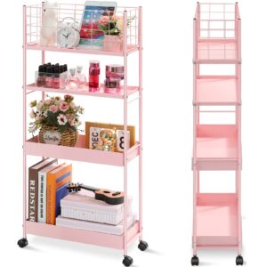 kingrack slim storage cart,4-tier metal utility rolling cart with wheels,slide out storage cart, skinny storage rolling cart,storage trolley cart for office bedroom bathroom narrow place,pink