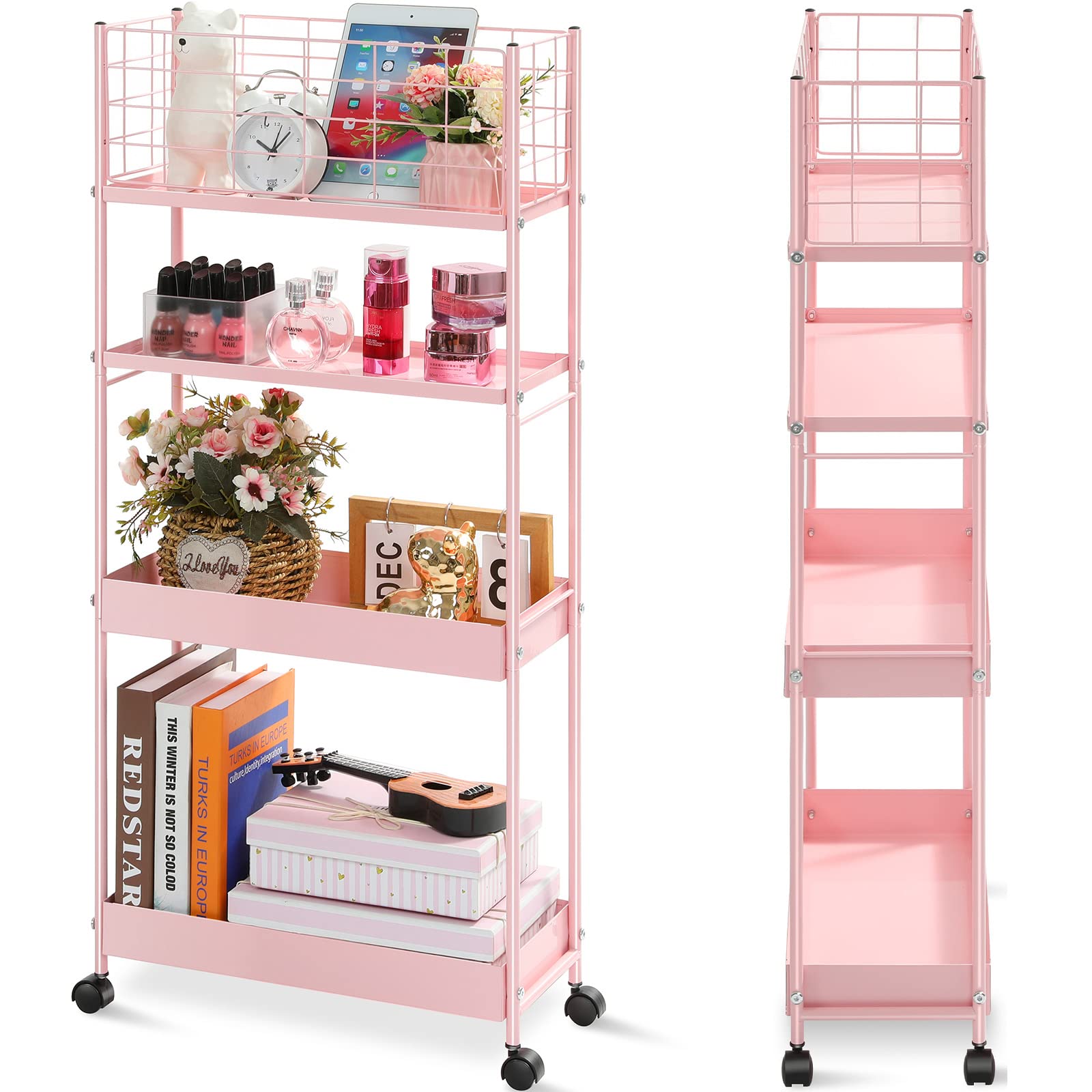 KINGRACK Slim Storage Cart,4-Tier Metal Utility Rolling Cart with Wheels,Slide Out Storage Cart, Skinny Storage Rolling Cart,Storage Trolley Cart for Office Bedroom Bathroom Narrow Place,Pink