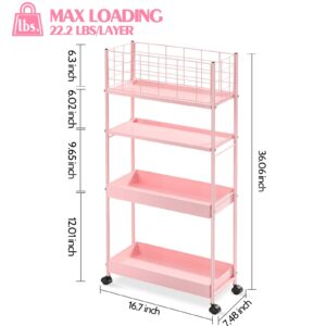 KINGRACK Slim Storage Cart,4-Tier Metal Utility Rolling Cart with Wheels,Slide Out Storage Cart, Skinny Storage Rolling Cart,Storage Trolley Cart for Office Bedroom Bathroom Narrow Place,Pink