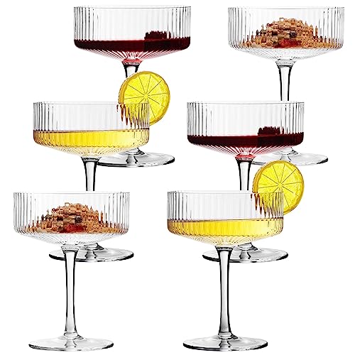 VIFVOR 6 Pcs Ribbed Coupe Cocktail Glasses, 10 oz Classic Old Styling Martini Glass Set with Gift Box Packaging Elegant Hand Blown Manhattan Goblet for Cocktail, Champagne, Bar and Gift