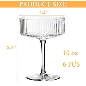 VIFVOR 6 Pcs Ribbed Coupe Cocktail Glasses, 10 oz Classic Old Styling Martini Glass Set with Gift Box Packaging Elegant Hand Blown Manhattan Goblet for Cocktail, Champagne, Bar and Gift