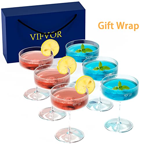 VIFVOR 6 Pcs Ribbed Coupe Cocktail Glasses, 10 oz Classic Old Styling Martini Glass Set with Gift Box Packaging Elegant Hand Blown Manhattan Goblet for Cocktail, Champagne, Bar and Gift