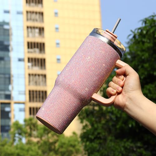 MYHOBBY Shiny Rhinestone 40 Oz Tumbler with Handle,Stainless Steel Insulated Travel Coffee Mug Double Wall Leak Resistant Vacuum Tumbler with Straw,Pink