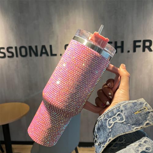 MYHOBBY Shiny Rhinestone 40 Oz Tumbler with Handle,Stainless Steel Insulated Travel Coffee Mug Double Wall Leak Resistant Vacuum Tumbler with Straw,Pink