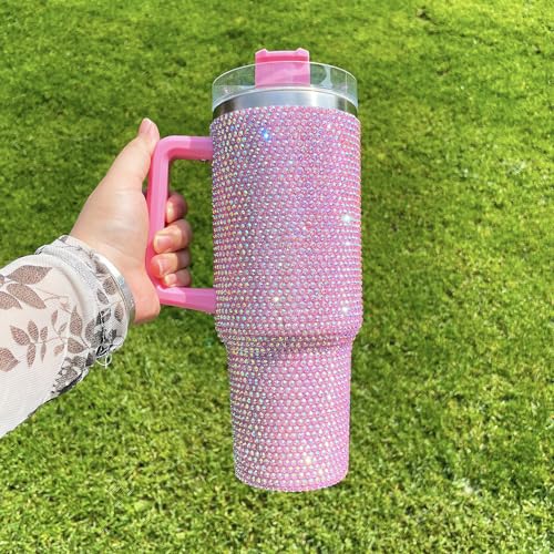 MYHOBBY Shiny Rhinestone 40 Oz Tumbler with Handle,Stainless Steel Insulated Travel Coffee Mug Double Wall Leak Resistant Vacuum Tumbler with Straw,Pink