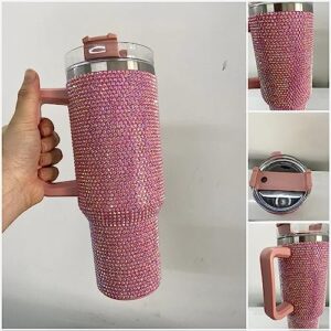 MYHOBBY Shiny Rhinestone 40 Oz Tumbler with Handle,Stainless Steel Insulated Travel Coffee Mug Double Wall Leak Resistant Vacuum Tumbler with Straw,Pink