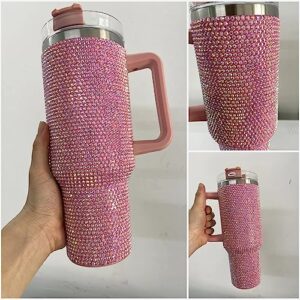 MYHOBBY Shiny Rhinestone 40 Oz Tumbler with Handle,Stainless Steel Insulated Travel Coffee Mug Double Wall Leak Resistant Vacuum Tumbler with Straw,Pink