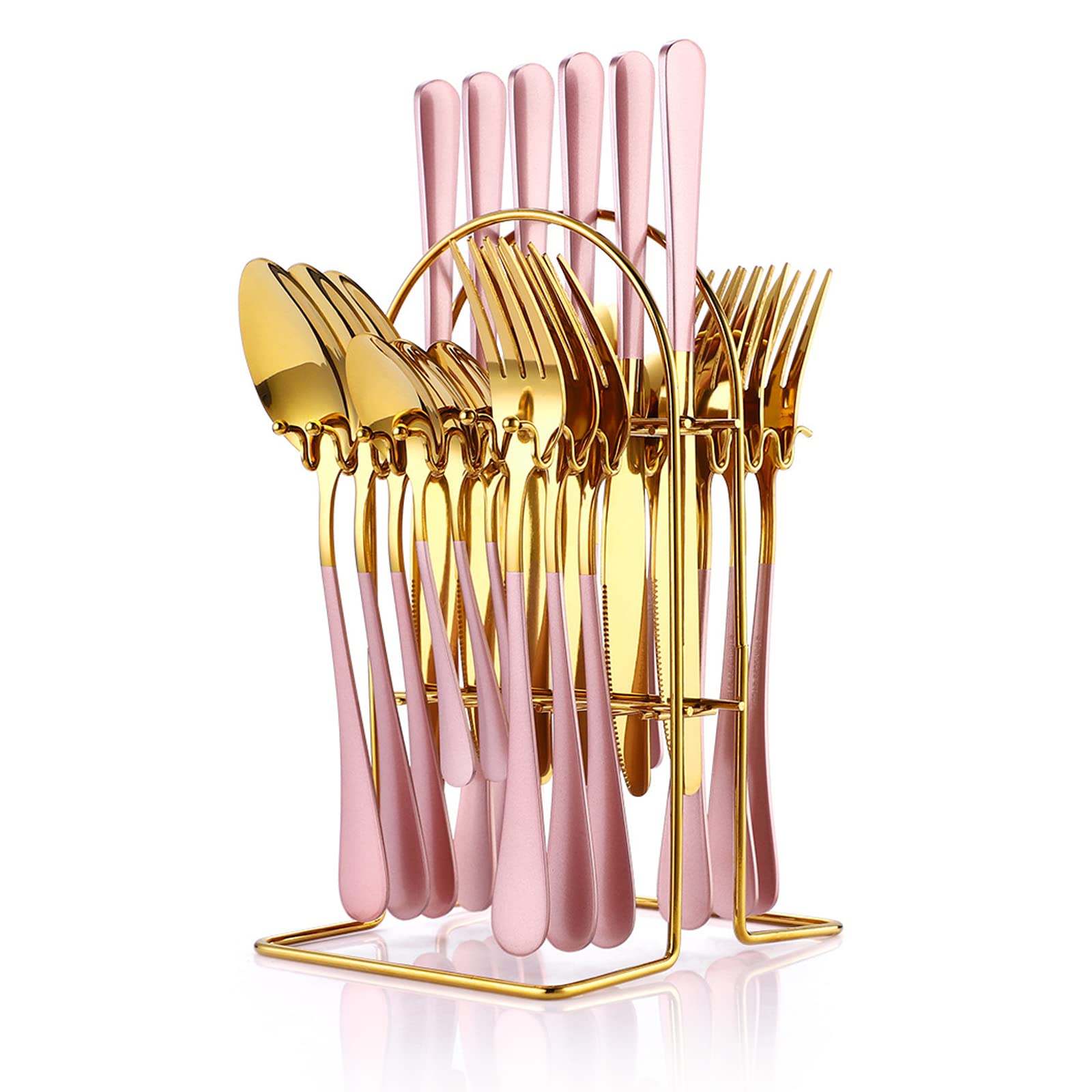 24 Pieces Flatware Set, Caliamary Stainless Steel Flatware Set with Silverware Holder Spoons Forks Knives,Utensils Set Service for 6,Gold Mirror Polished and Matte Pink Painted (Pink)…