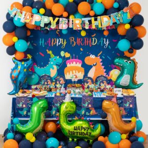 LFVIK Dinosaur Party Decorations,Blue Dinosaur Birthday Party Supplies for Boys,Customized Backdrop,5*Dinosaur Foil Balloons,Happy Birthday Banner,Sticker,Plates,Napkins,Tablecloth,Cake Toppers