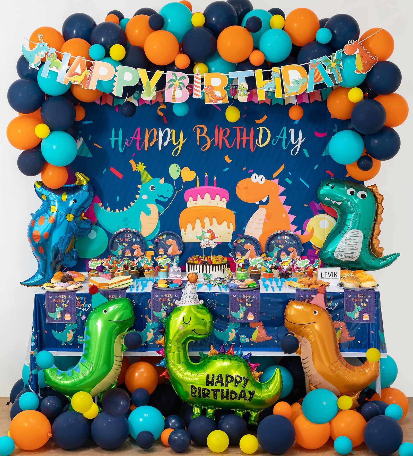 LFVIK Dinosaur Party Decorations,Blue Dinosaur Birthday Party Supplies for Boys,Customized Backdrop,5*Dinosaur Foil Balloons,Happy Birthday Banner,Sticker,Plates,Napkins,Tablecloth,Cake Toppers