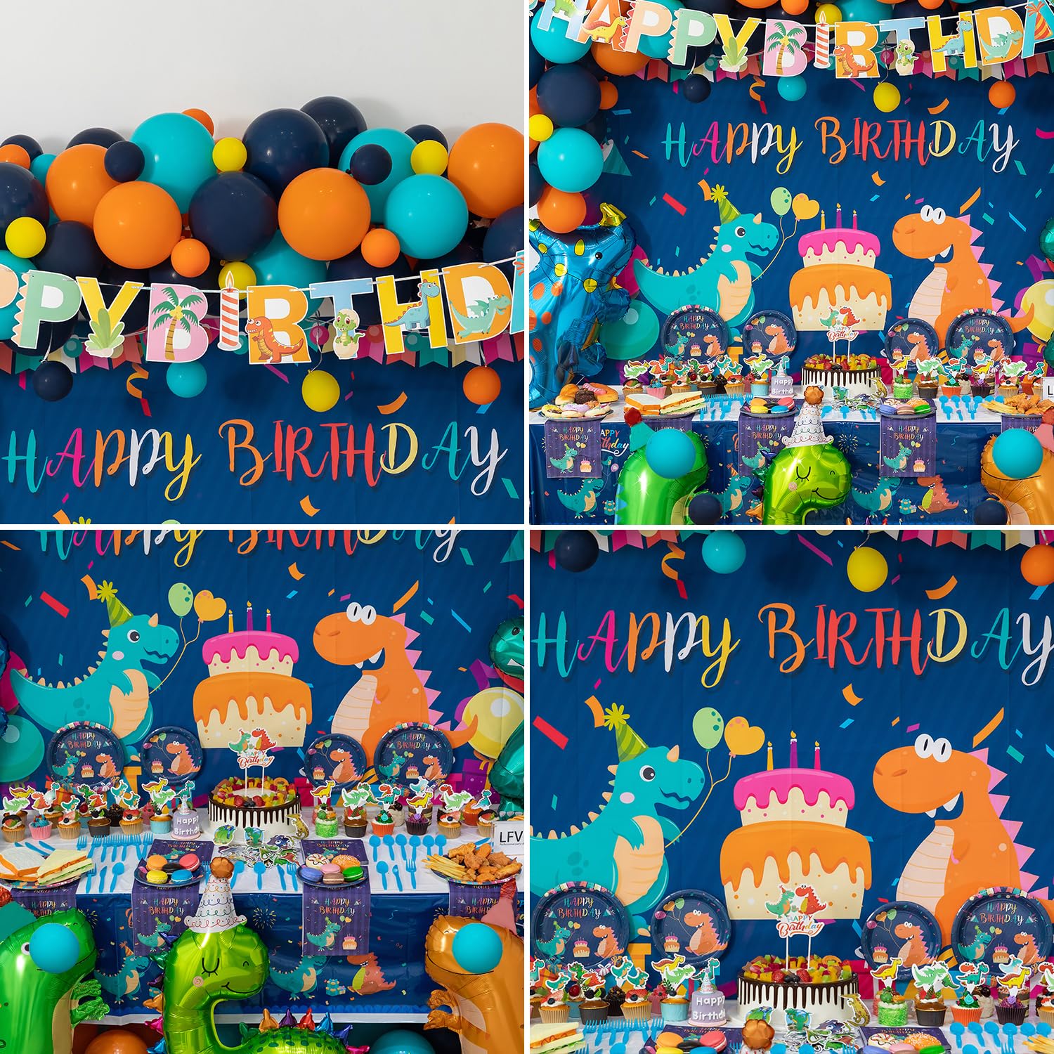 LFVIK Dinosaur Party Decorations,Blue Dinosaur Birthday Party Supplies for Boys,Customized Backdrop,5*Dinosaur Foil Balloons,Happy Birthday Banner,Sticker,Plates,Napkins,Tablecloth,Cake Toppers