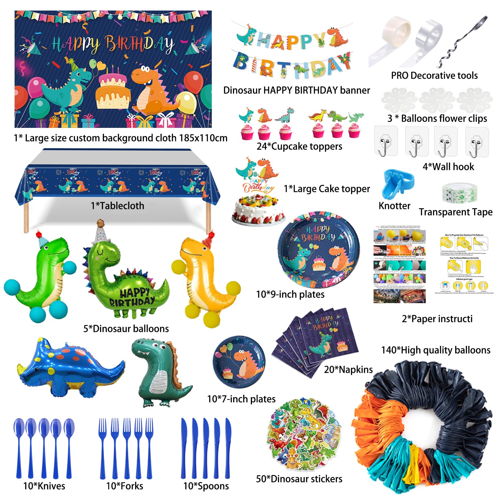 LFVIK Dinosaur Party Decorations,Blue Dinosaur Birthday Party Supplies for Boys,Customized Backdrop,5*Dinosaur Foil Balloons,Happy Birthday Banner,Sticker,Plates,Napkins,Tablecloth,Cake Toppers