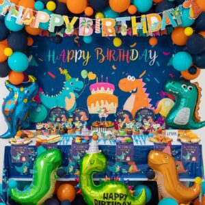 LFVIK Dinosaur Party Decorations,Blue Dinosaur Birthday Party Supplies for Boys,Customized Backdrop,5*Dinosaur Foil Balloons,Happy Birthday Banner,Sticker,Plates,Napkins,Tablecloth,Cake Toppers