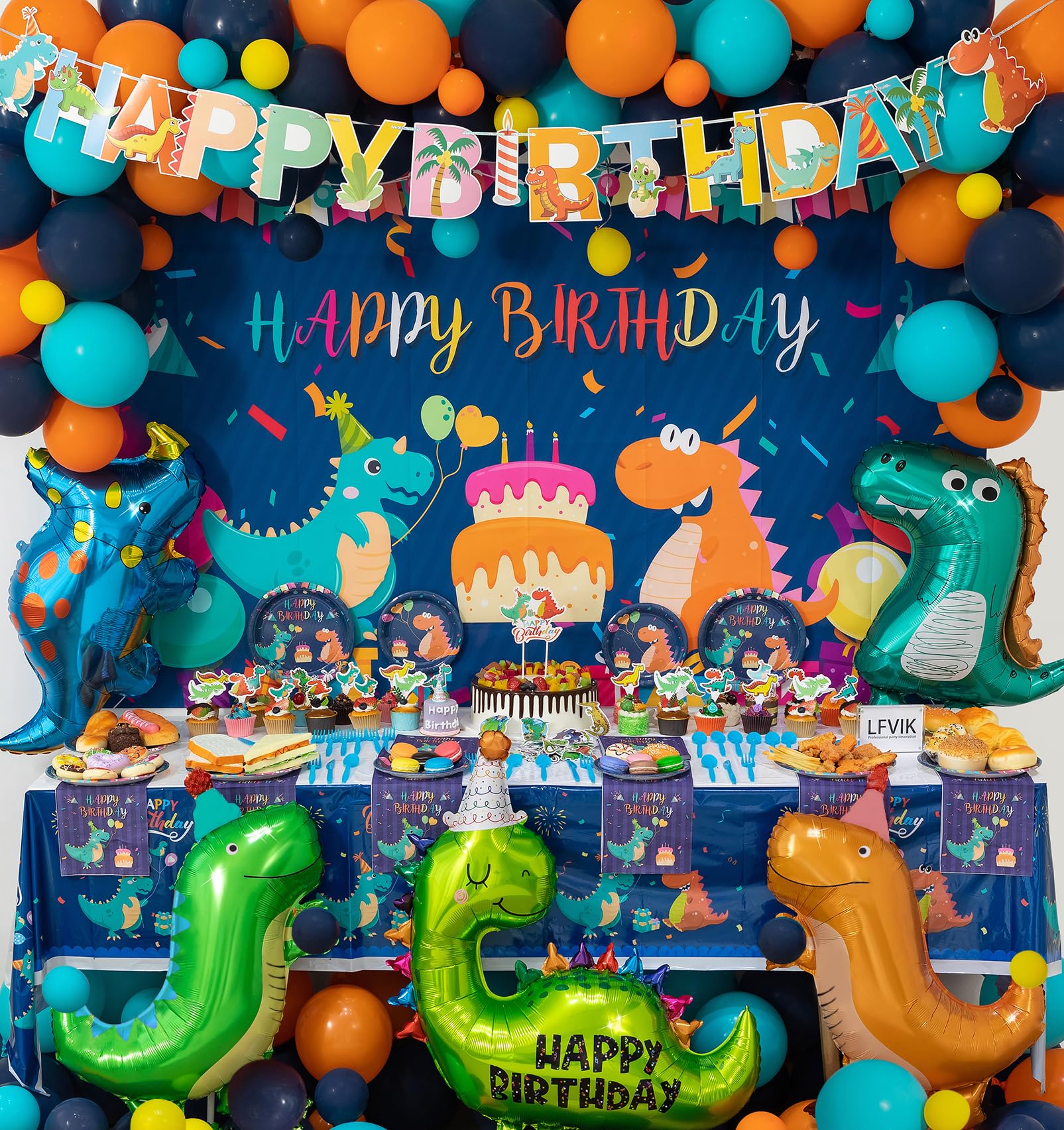 LFVIK Dinosaur Party Decorations,Blue Dinosaur Birthday Party Supplies for Boys,Customized Backdrop,5*Dinosaur Foil Balloons,Happy Birthday Banner,Sticker,Plates,Napkins,Tablecloth,Cake Toppers