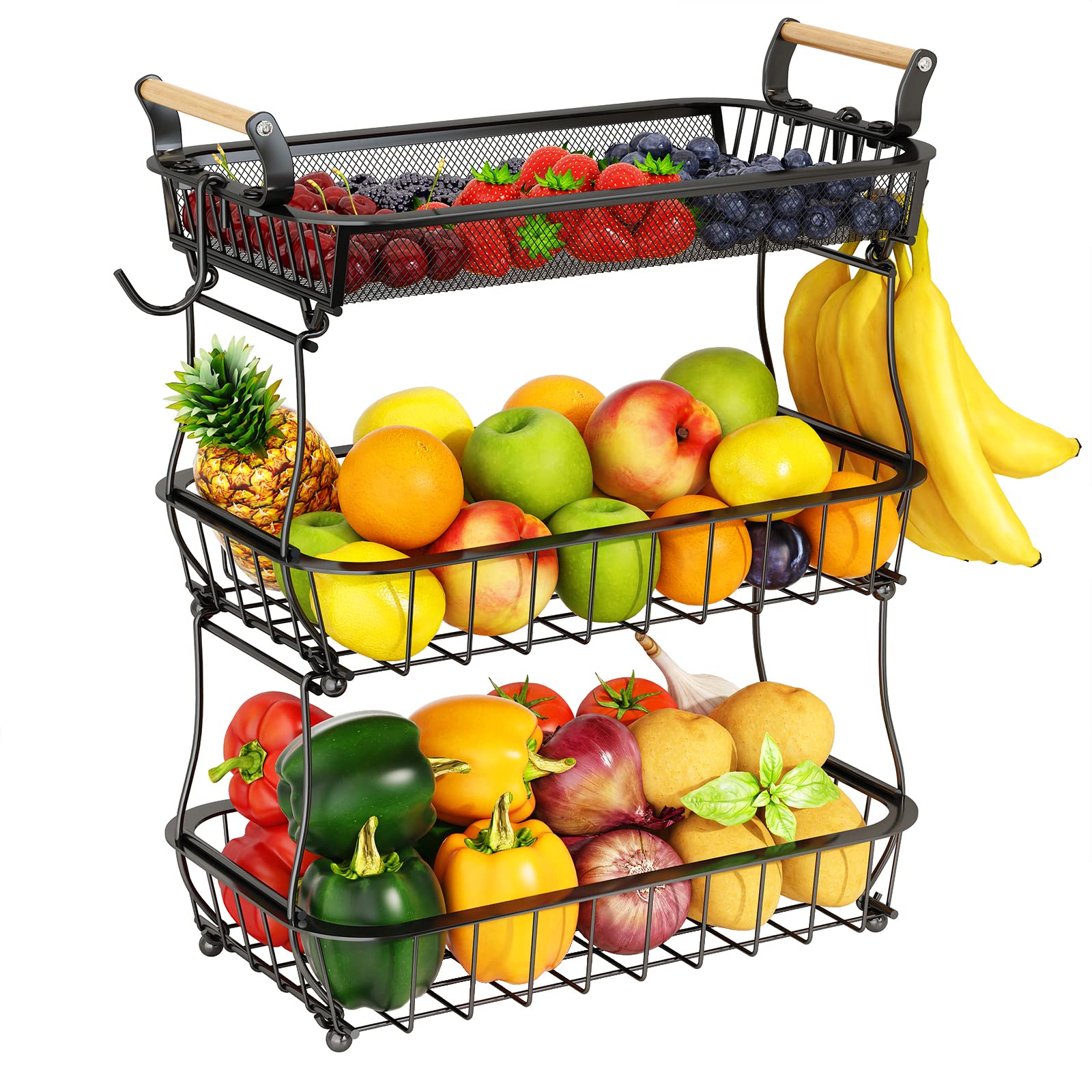 3 Tier Fruit Basket Bowl with 2 Banana Hangers for Kitchen Counter, Vegetable Countertop Produce Storage Holder, Large Capacity Metal Wire Fruits Stand Organizer for Onion Potato Bread Snack, Black