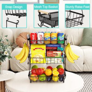 3 Tier Fruit Basket Bowl with 2 Banana Hangers for Kitchen Counter, Vegetable Countertop Produce Storage Holder, Large Capacity Metal Wire Fruits Stand Organizer for Onion Potato Bread Snack, Black