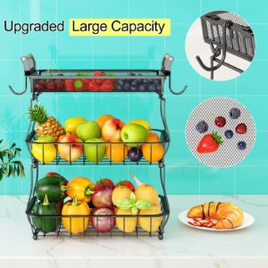 3 Tier Fruit Basket Bowl with 2 Banana Hangers for Kitchen Counter, Vegetable Countertop Produce Storage Holder, Large Capacity Metal Wire Fruits Stand Organizer for Onion Potato Bread Snack, Black