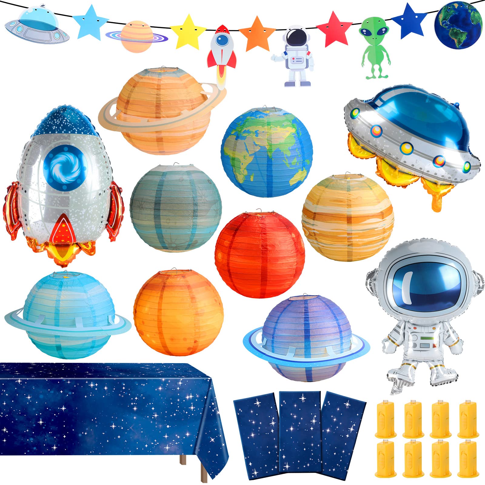 Sotiff 24 Pcs Space Party Decorations Includes Planet Paper Lanterns with LED lights Plastic Space Tablecloth Space Garland Astronaut UFO Rocket Balloon for Space Solar System Theme Parties Birthday