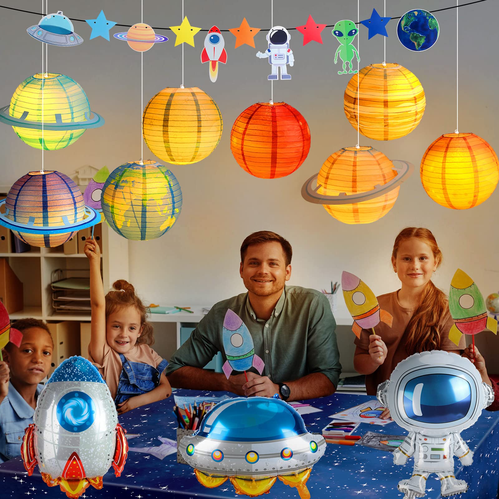 Sotiff 24 Pcs Space Party Decorations Includes Planet Paper Lanterns with LED lights Plastic Space Tablecloth Space Garland Astronaut UFO Rocket Balloon for Space Solar System Theme Parties Birthday