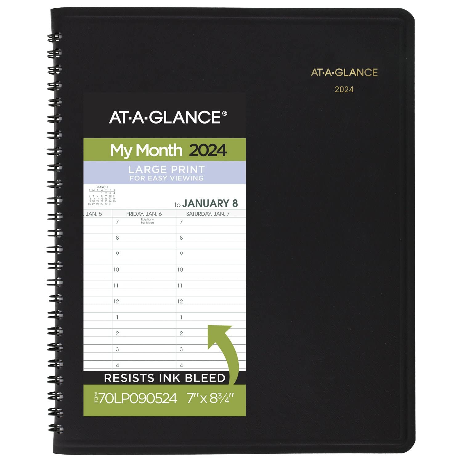 AT-A-GLANCE 2024 Monthly Planner, 7" x 8-3/4", Medium, Large Print, Black (70LP090524)