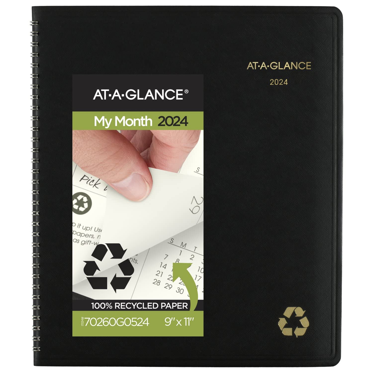 AT-A-GLANCE 2024 Monthly Planner, 9" x 11", Large, Spiral Bound, Recycled, Monthly Tabs, Faux Leather, Black (70260G0524)