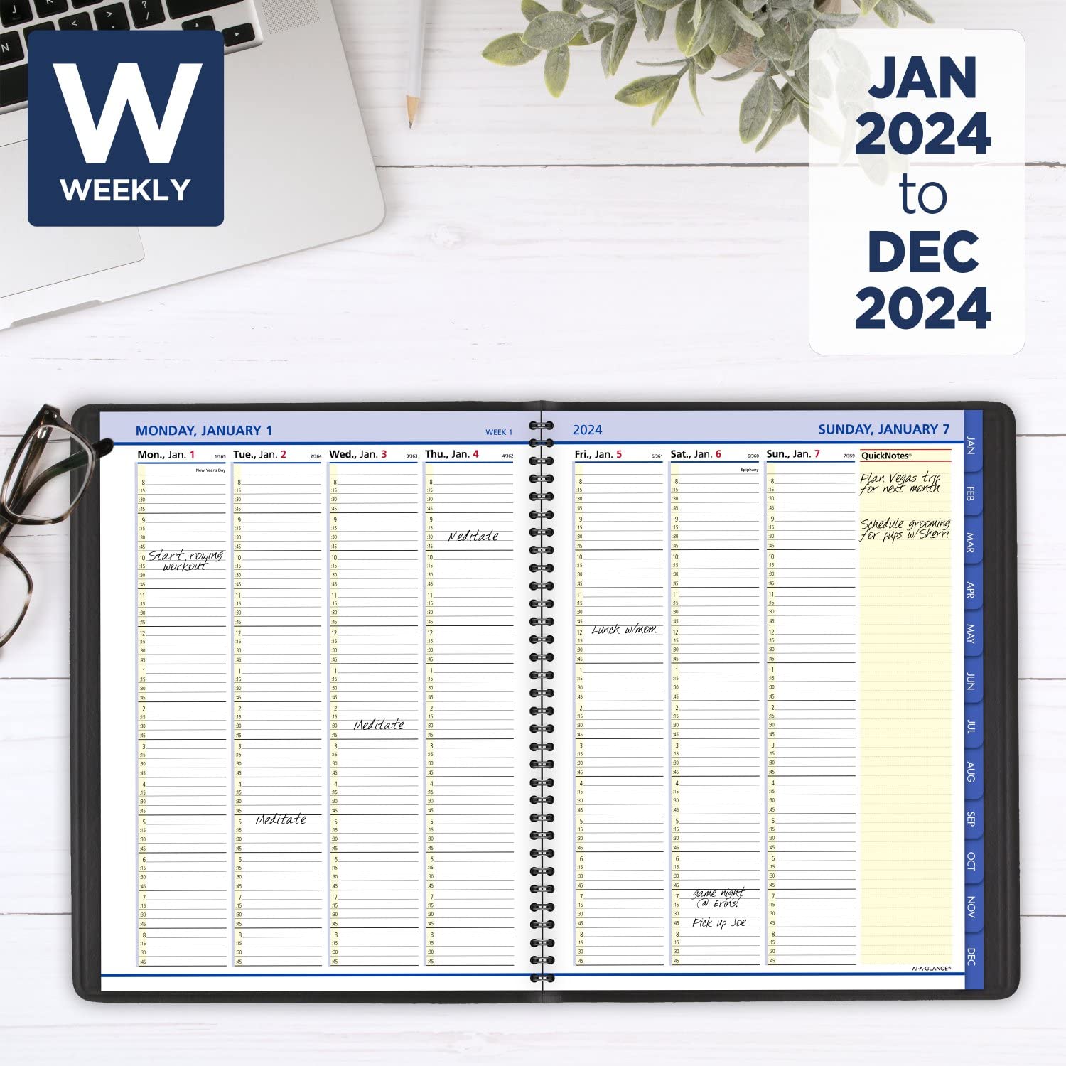 AT-A-GLANCE 2024 Weekly & Monthly Planner, QuickNotes, Quarter-Hourly Appointment Book, Monthly Tabs, 8-1/4" x 11", Large, Pockets, Black (769500524)