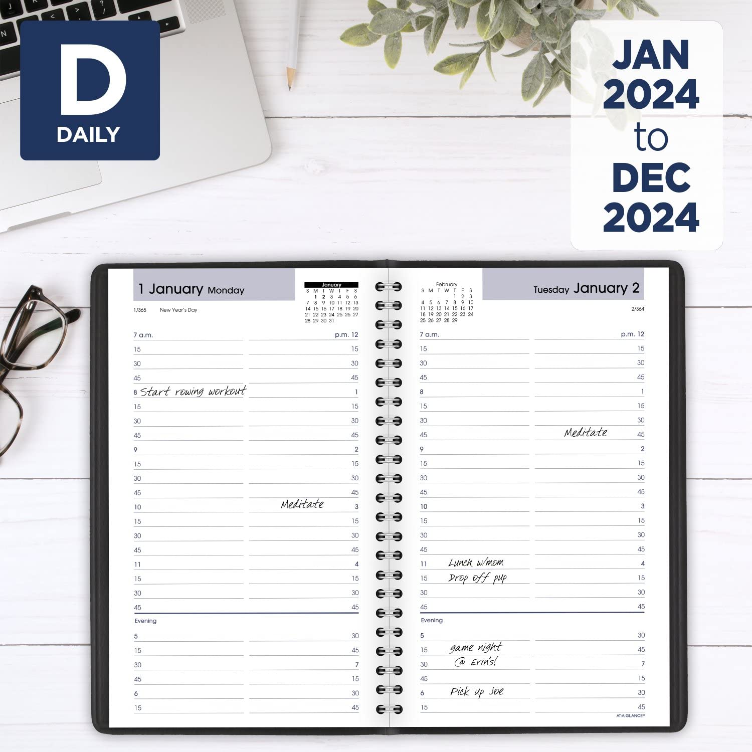 AT-A-GLANCE 2024 Daily Planner, DayMinder, Quarter-Hourly Appointment Book, 5" x 8", Small, Black (G1000024)