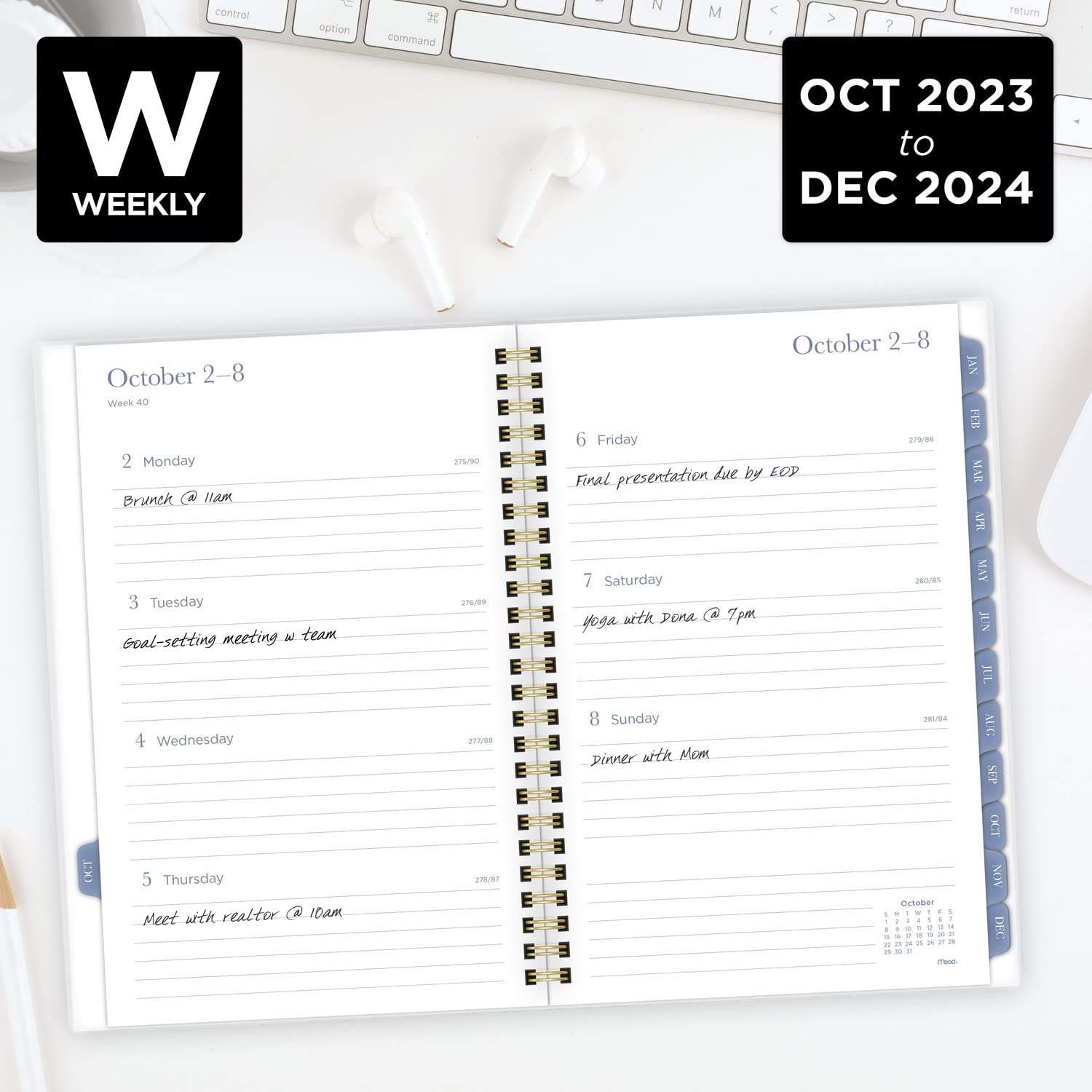 Mead 2024 Weekly & Monthly Planner, 5-1/2" x 8-1/2", Small, 15-Month Customizable, Caprice, Floral, Yellow (1319A-201-24)