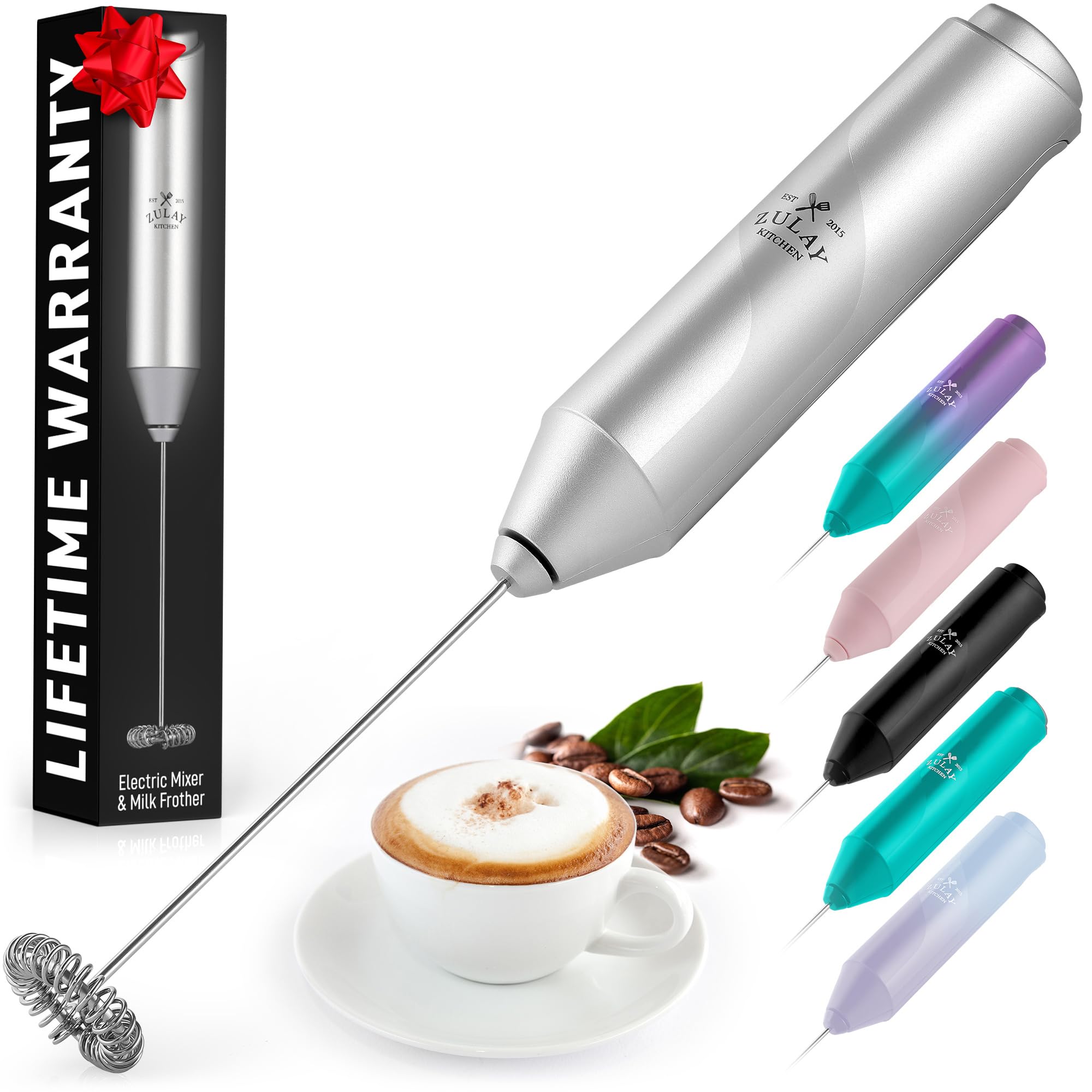 Zulay Kitchen Powerful Milk Frother Wand - Mini Milk Frother Handheld Stainless Steel - Battery Operated Drink Mixer for Coffee, Lattes, Cappuccino, Matcha - Froth Mate Milk Frother Gift - Silver