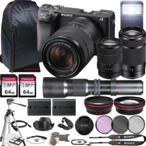 sony a6400 mirrorless camera w/e 18-135mm f/3.5-5.6 oss lens + e 55-210mm f/4.5-6.3 oss lens + 500mm f/8 focus lens + 2x 64gb memory + case + filters + tripod & more (35pc bundle)