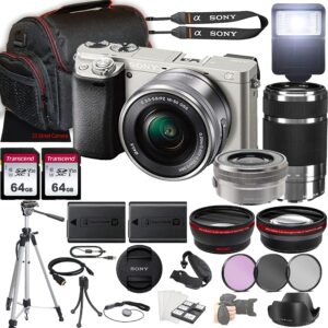 sony a6400 mirrorless camera (silver) w/e pz 16-50mm f/3.5-5.6 oss lens + e 55-210mm f/4.5-6.3 oss lens + 2x 64gb memory + case + filters + tripod & more (35pc bundle)