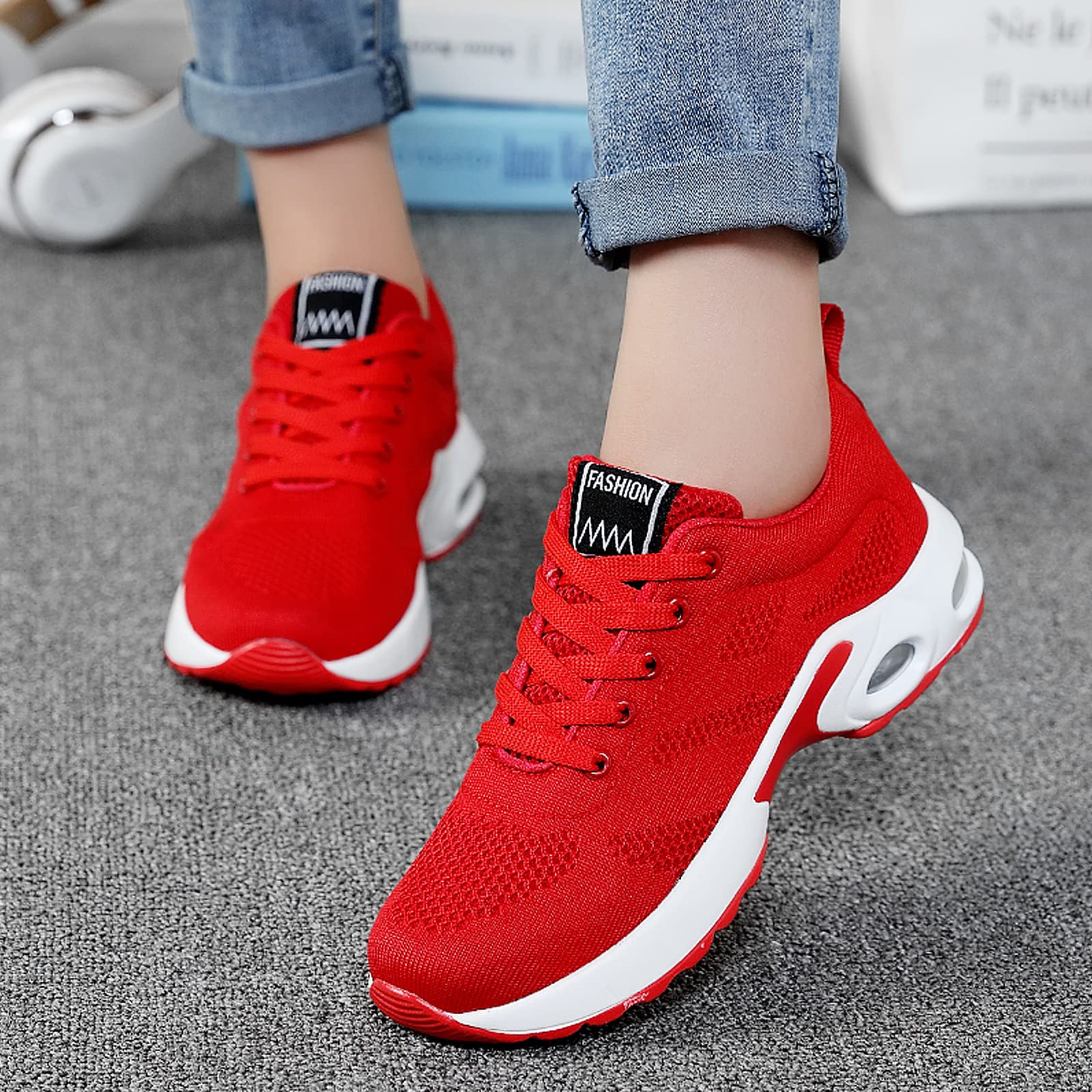 Women's Air Running Shoes Lightweight Comfortable Non-Slip Walking Shoe Outdoor Breathable Fashion Mesh Sneakers (3,Red,Female,Women)