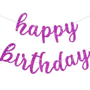 beishida purple happy birthday banner - no diy - purple birthday party banner in script - pre-strung - purple glitter birthday garland ready to use purple birthday party decorations & decor