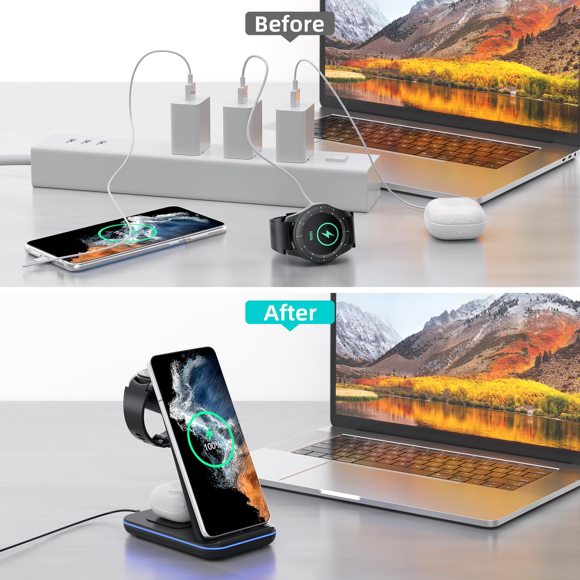 Wireless Charger for Samsung, 3 in 1 Fast Charging Station for Samsung Galaxy S23/S22/S21/S20/S10/Note 20/10, Wireless Charging Stand for Galaxy Watch5/Pro/4/Active 2/1, Buds/Buds+/Pro/Live/Buds2