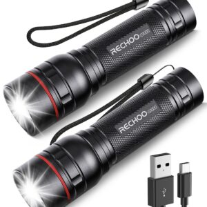 RECHOO Rechargeable Flashlights High Lumens, 2 Pack G1000 Super Bright Flash Light, Small Led Tactical Flashlight with 3 Lighting Modes, Portable Flashlights for Camping Home (Battery Included)