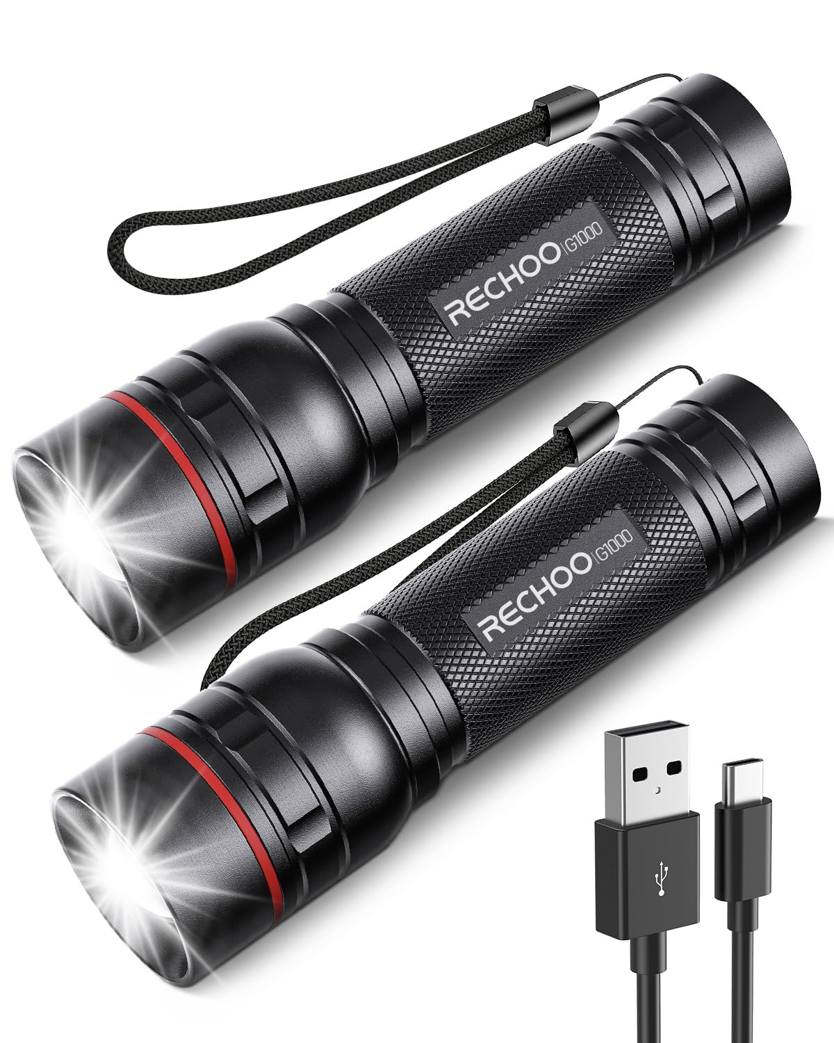 RECHOO Rechargeable Flashlights High Lumens, 2 Pack G1000 Super Bright Flash Light, Small Led Tactical Flashlight with 3 Lighting Modes, Portable Flashlights for Camping Home (Battery Included)