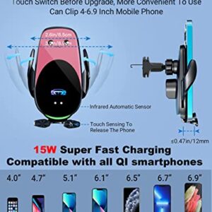 Wireless Car Charger Mount, 15W Qi Fast Charging Auto-Clamping Cell Phone Car Holder ​Air Vent Windshield (Pink)