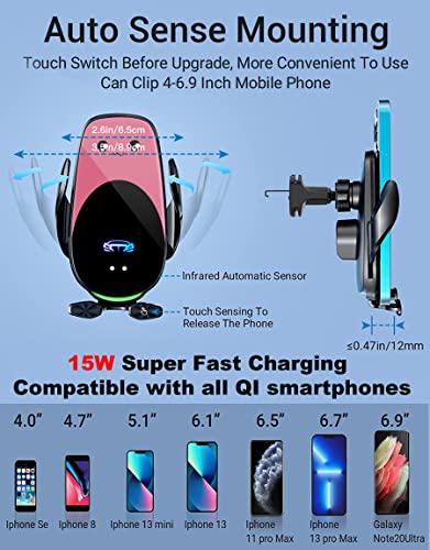 Wireless Car Charger Mount, 15W Qi Fast Charging Auto-Clamping Cell Phone Car Holder ​Air Vent Windshield (Pink)