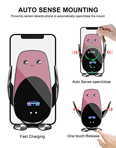 Wireless Car Charger Mount, 15W Qi Fast Charging Auto-Clamping Cell Phone Car Holder ​Air Vent Windshield (Pink)