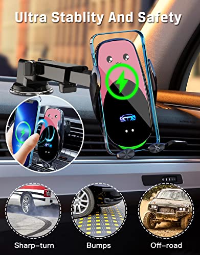 Wireless Car Charger Mount, 15W Qi Fast Charging Auto-Clamping Cell Phone Car Holder ​Air Vent Windshield (Pink)