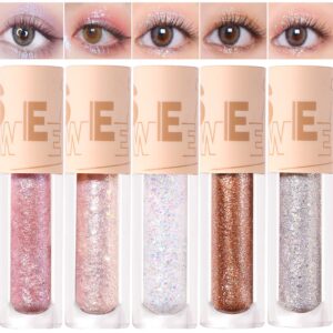 5pcs liquid glitter eyeshadow set, shimmer metallic eye shadow korean makeup loose glitter glue for eye crystals, high pigmented, long lasting, quick drying