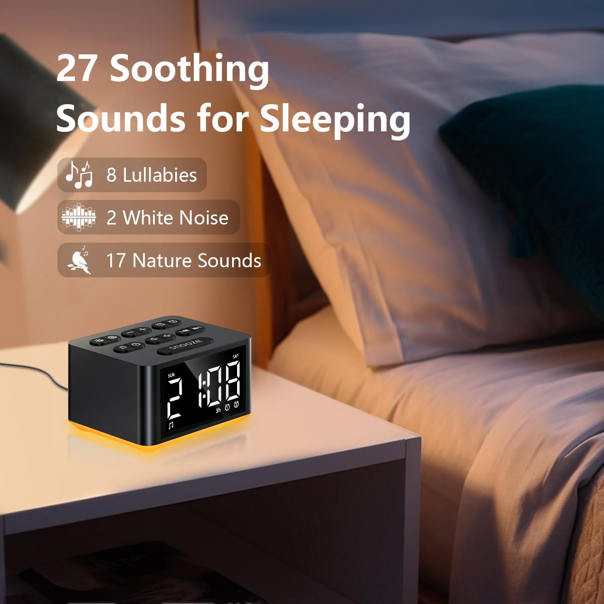 【3 in 1】 Sound Machine Dual Alarm Clock Night Light White Noise Machine 27 Sleeping Sounds for Adults Kids Precise 32 Level Volume Sleep Timer Memory Function Digital Clock with 30 Wake Up Sounds