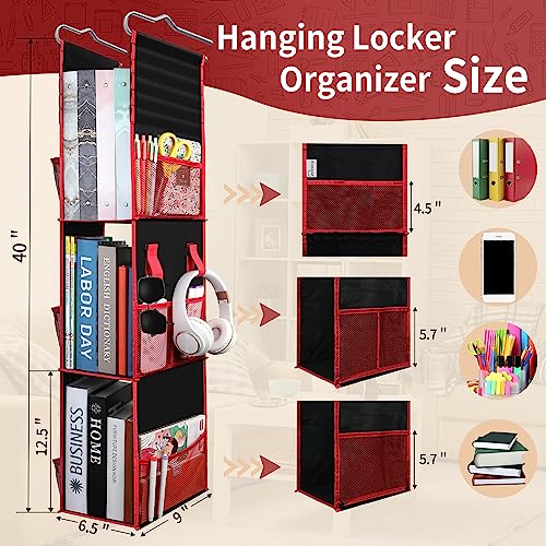 Annecy Locker Organizer for School, Work, Gym, and Closet, 3 Shelf Hanging Locker Accessories for Girls Boys, Adjustable School Locker Shelf from 3 to 2 Shelves, Black&Red