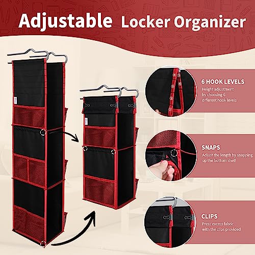 Annecy Locker Organizer for School, Work, Gym, and Closet, 3 Shelf Hanging Locker Accessories for Girls Boys, Adjustable School Locker Shelf from 3 to 2 Shelves, Black&Red