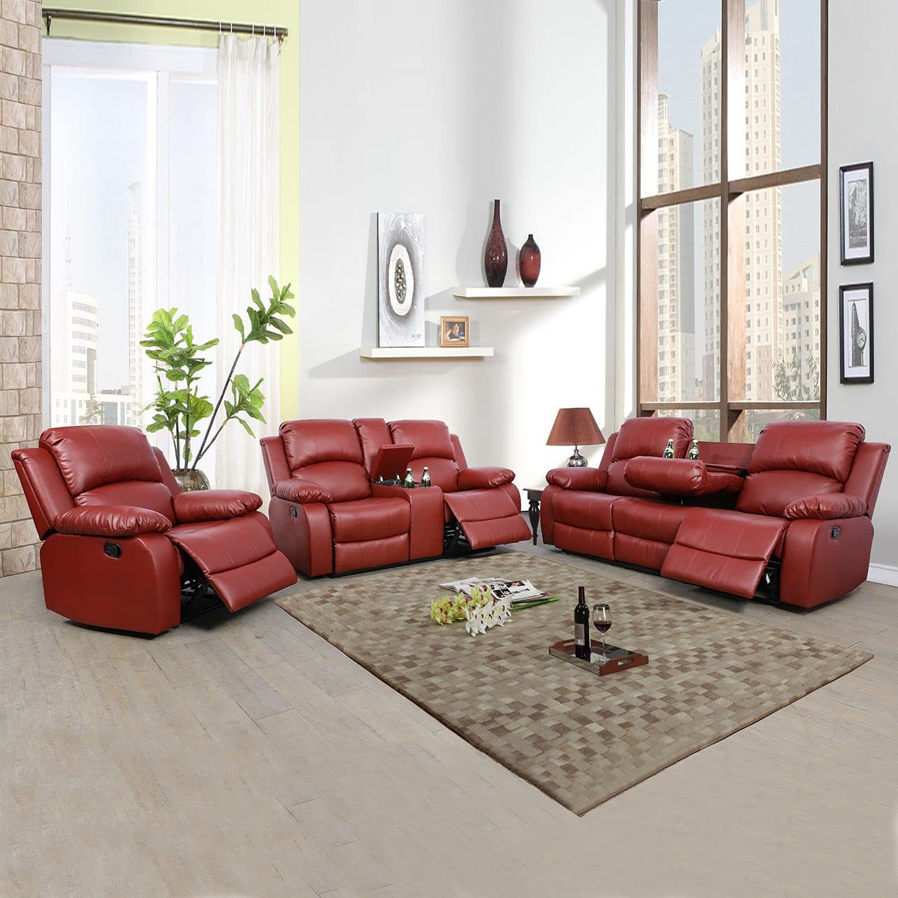 Ocstta Manual Leather Recliner Sofa Set for Living Room Furniture Set,Leather Recliner Couch Set for Home/Office,Leather Reclining Sofa Set for 3-Pieces(Sofa+Loveseat+Chair) Red