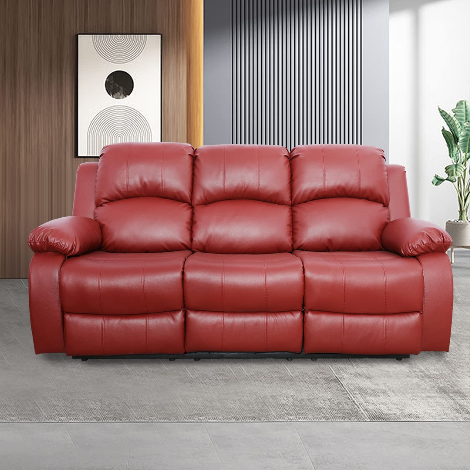 Ocstta Manual Leather Recliner Sofa Set for Living Room Furniture Set,Leather Recliner Couch Set for Home/Office,Leather Reclining Sofa Set for 3-Pieces(Sofa+Loveseat+Chair) Red