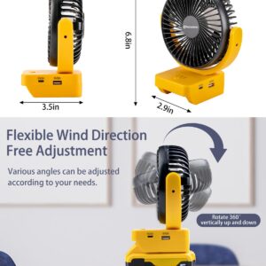 Uniqwamo Jobsite Battery Operated Fan For Dewalt 20V/60V Max DCB204 DCB205 DCB206 DCB203 DCB201 DCB207 DCB180 DCB181 Lithium-Ion Battery, Cordless Fan For Dewalt With 3 Speeds Control，USB +Type C